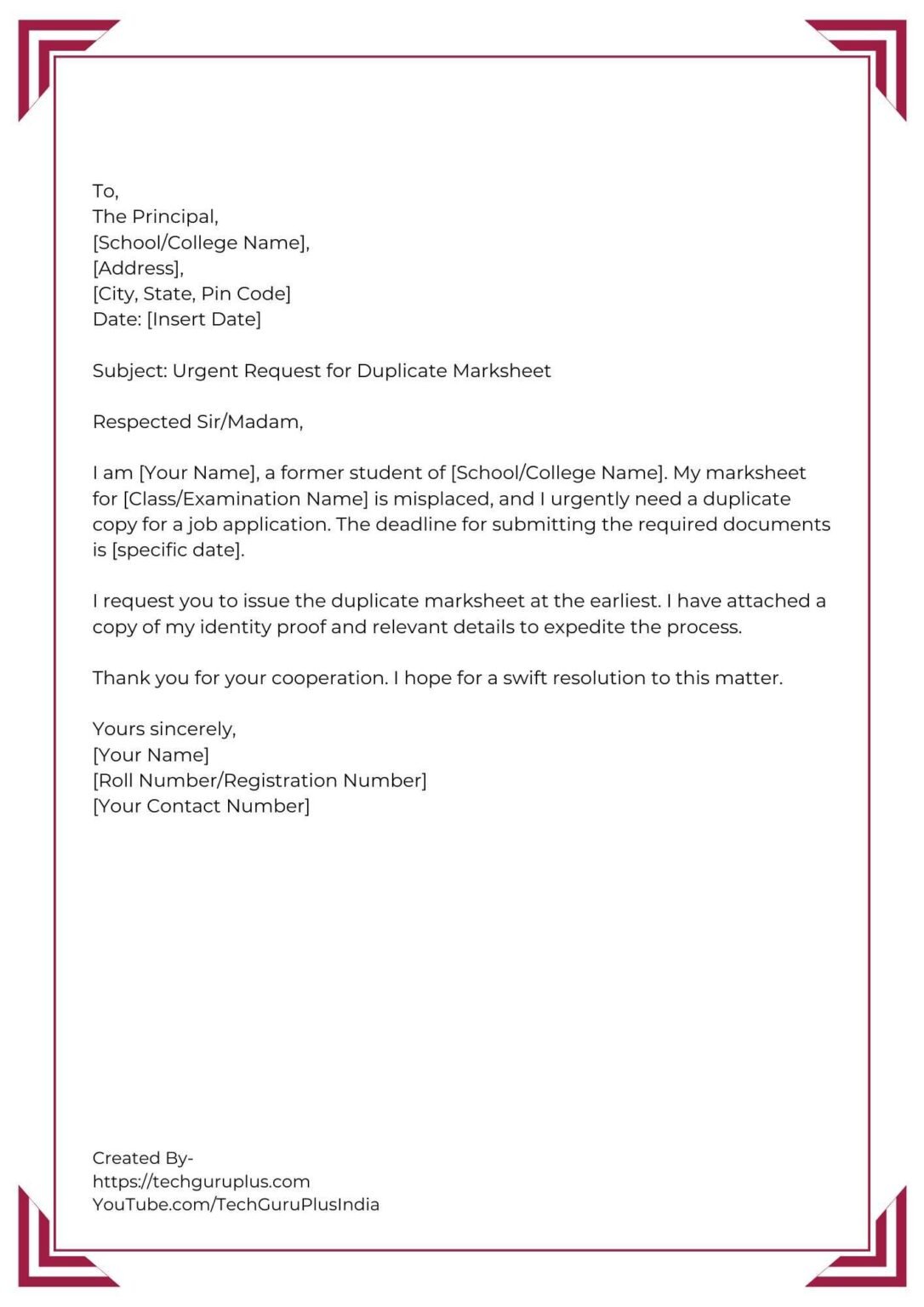 Application for Duplicate Marksheet in School/College [5 Format]