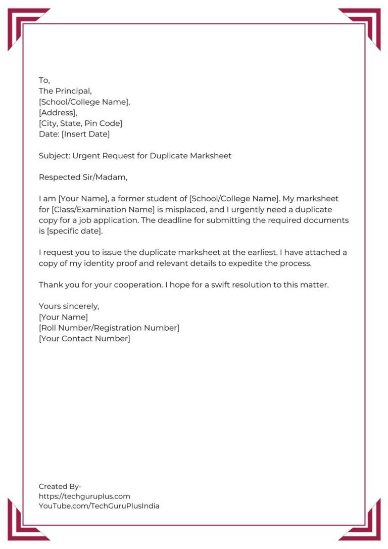 Application for Duplicate Marksheet in School/College [5 Format]