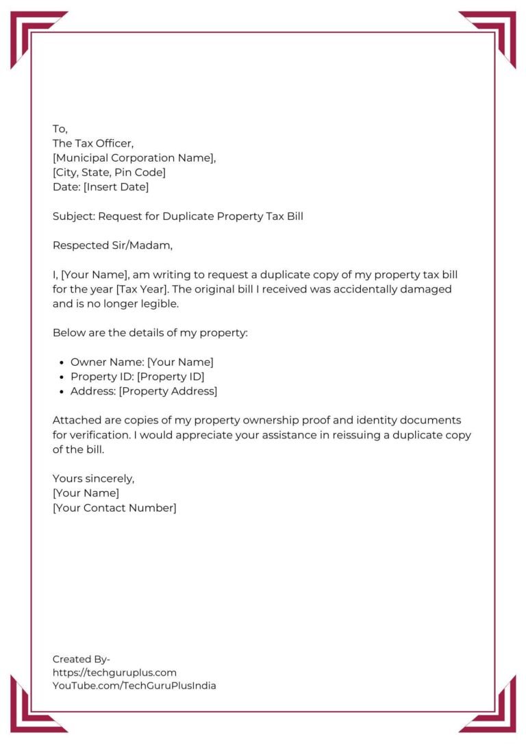 Application for Requesting Duplicate Property Tax Bill [5 Format]