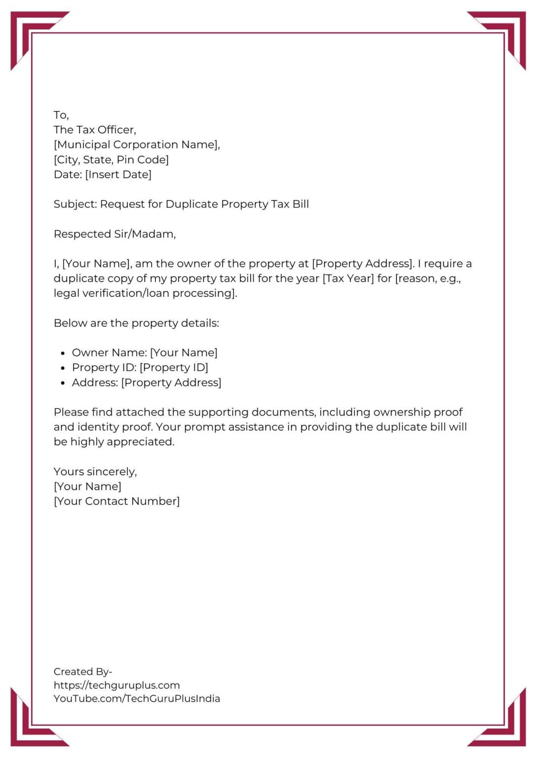 Application for Requesting Duplicate Property Tax Bill [5 Format]