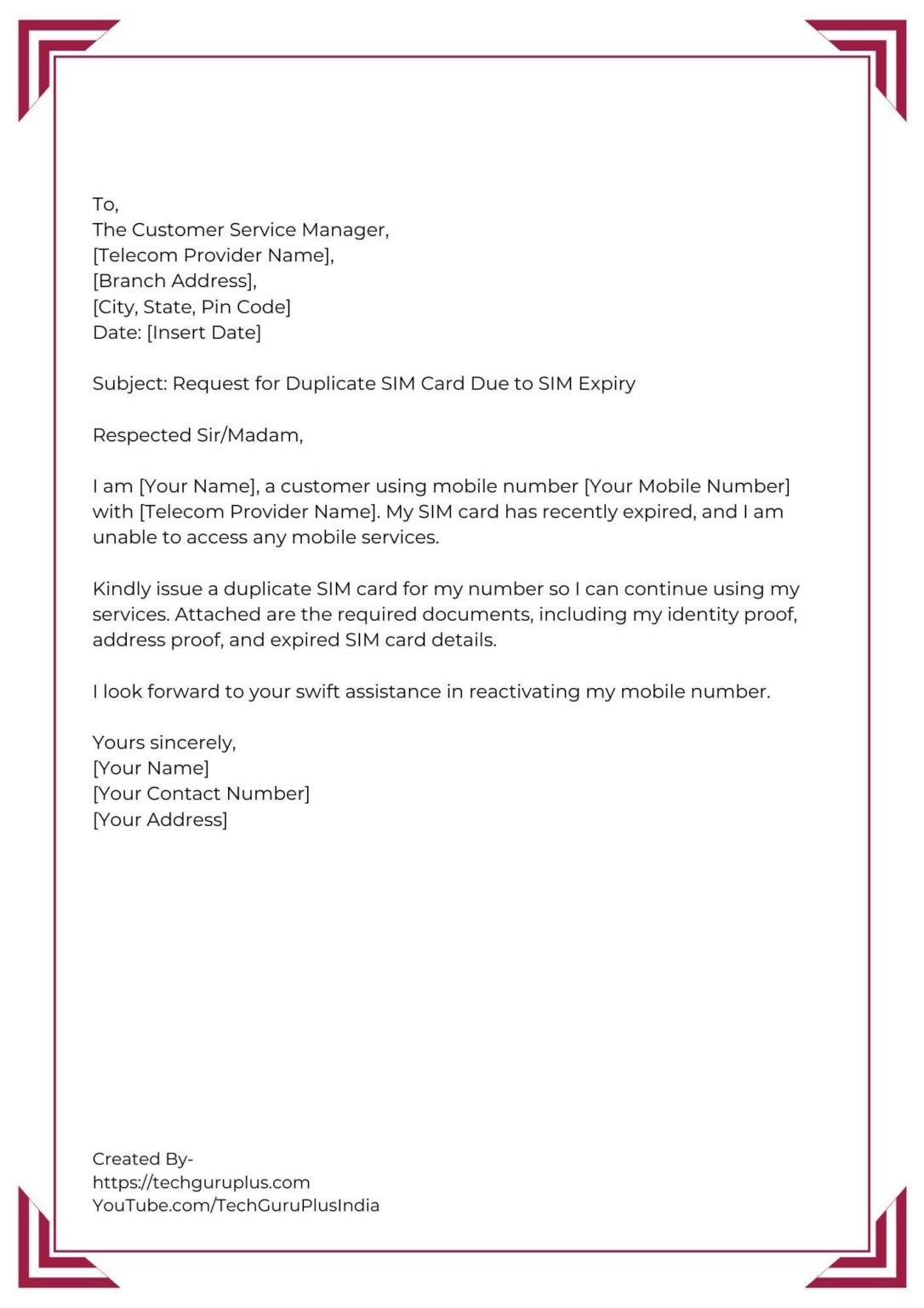 Application for Duplicate SIM Card Issuance [5 Format]