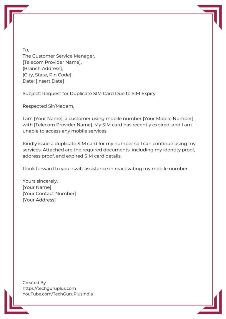 Application for Duplicate SIM Card Issuance [5 Format]