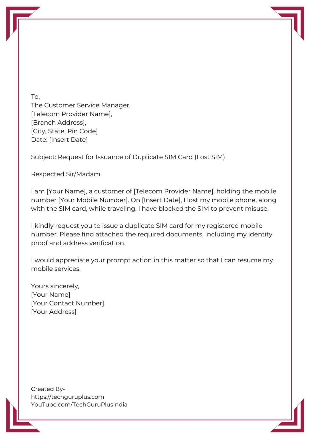 Application for Duplicate SIM Card Issuance [5 Format]
