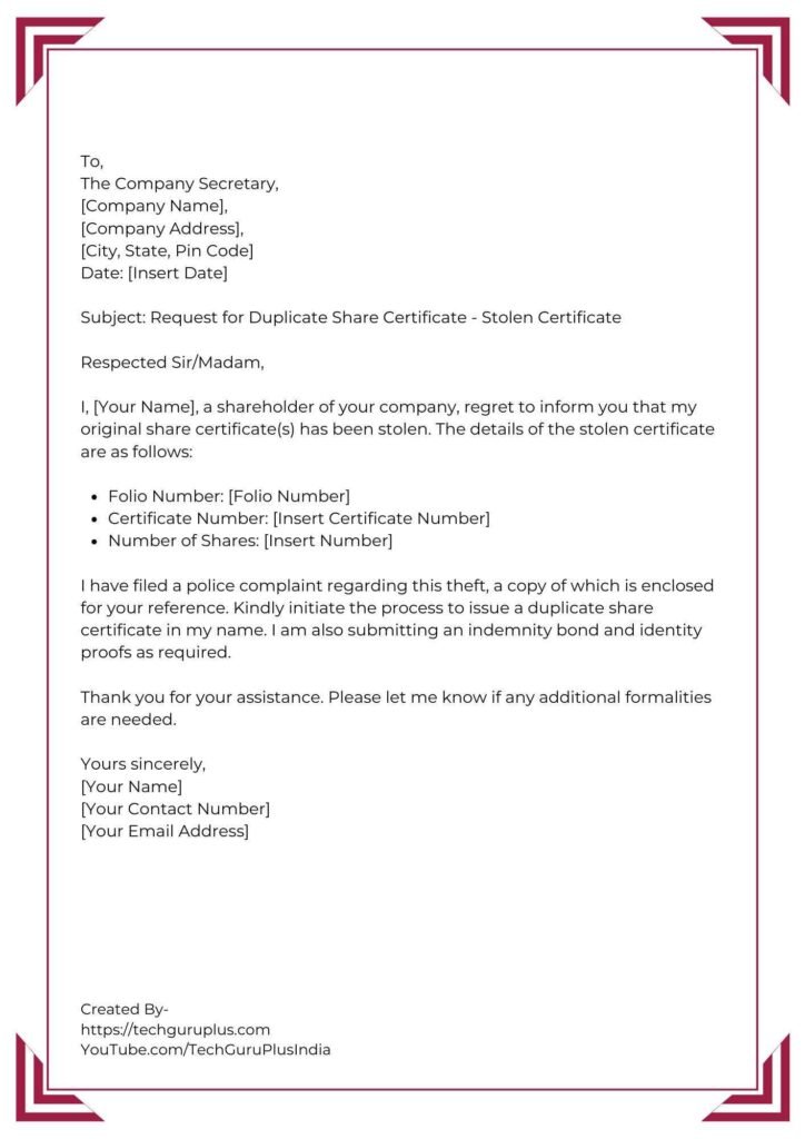 Application for Issuing a Duplicate Share Certificate [5 Format]