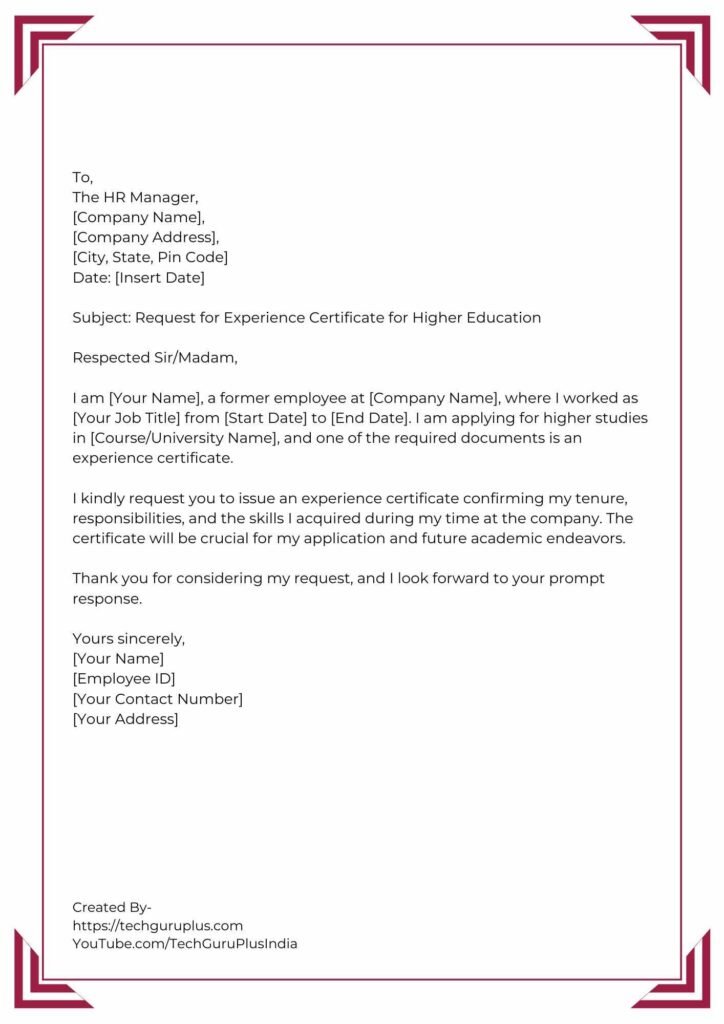 Application for Requesting Experience Certificate [5 Format]