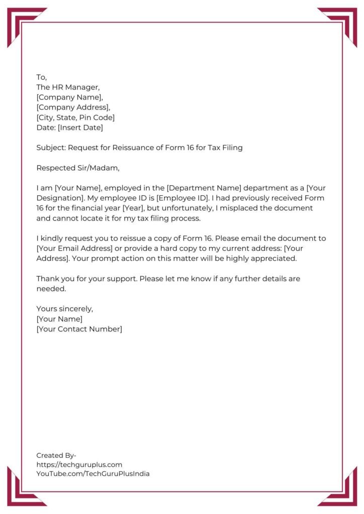 Application for Issuance of Form 16 for Tax Filing [5 Format]