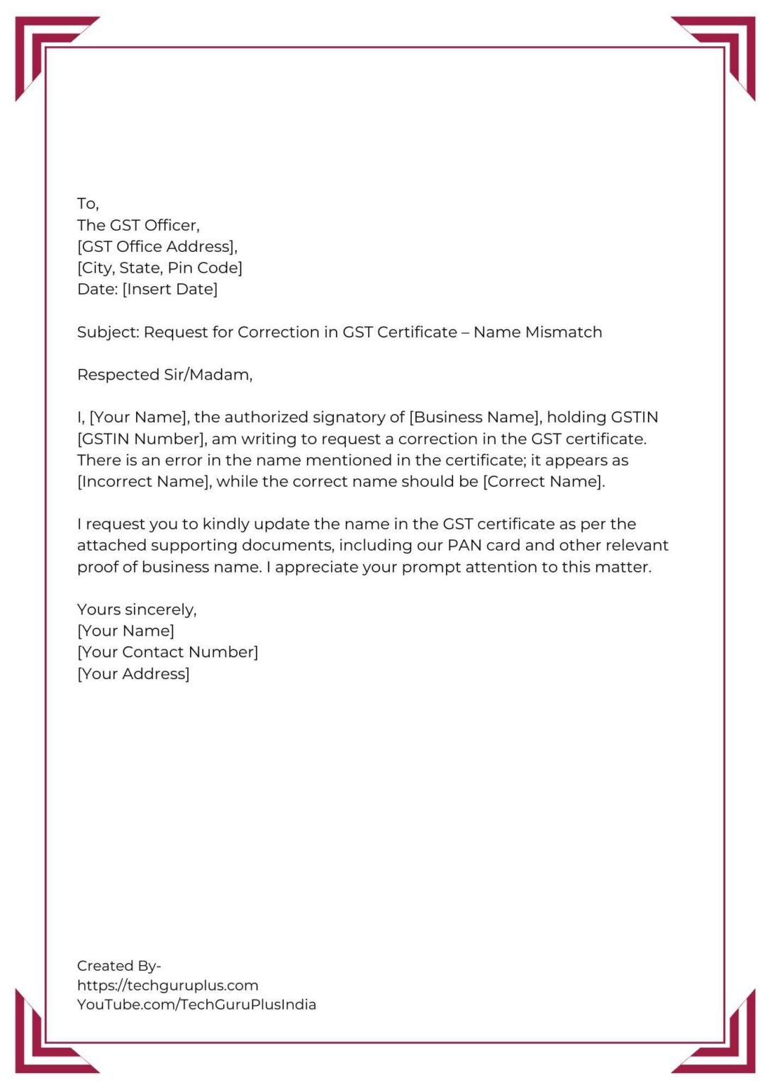 Application for Requesting GST Certificate Correction [5 Format]