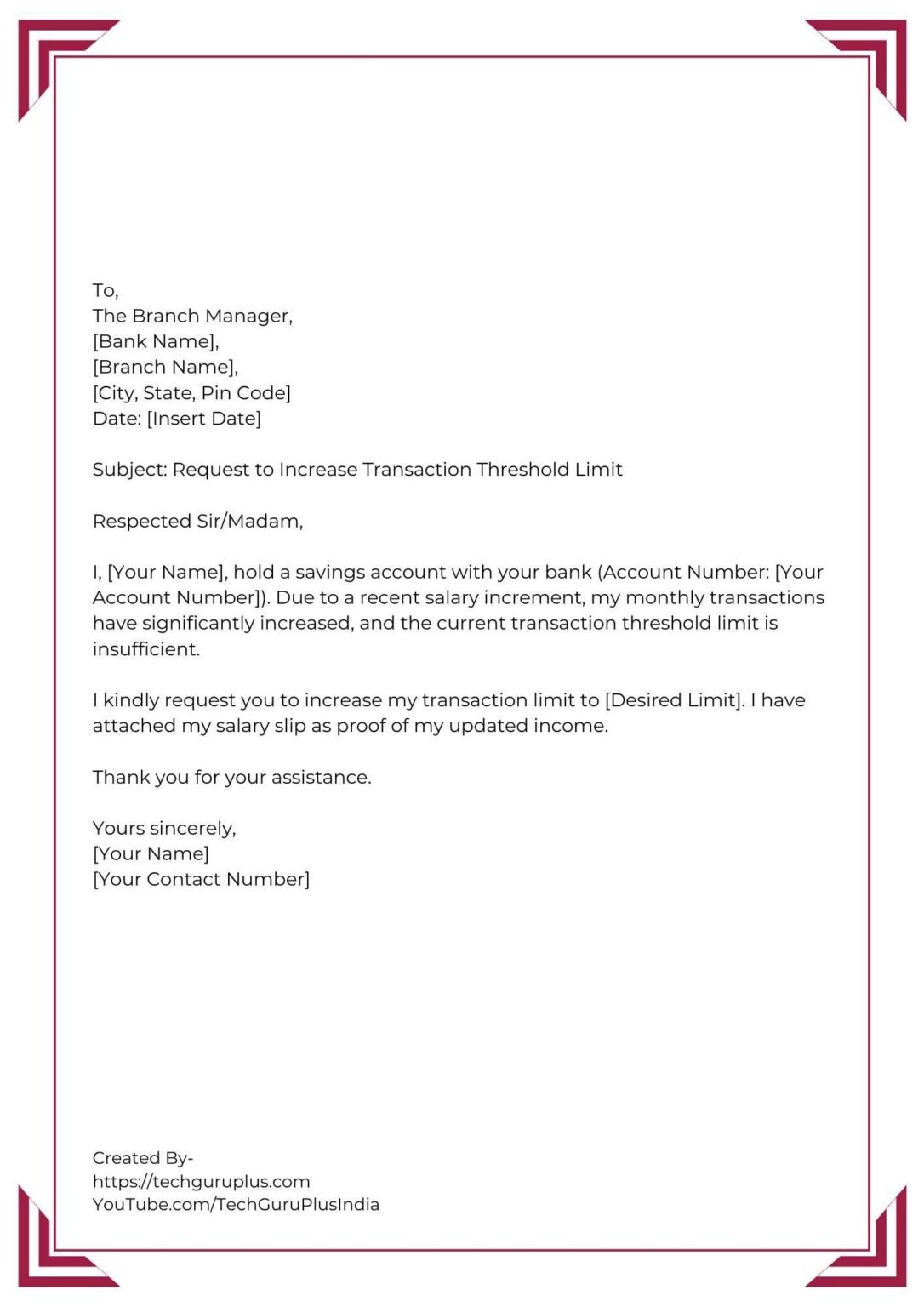 Application for Increasing Account Transaction Threshold Limit [5 Format]