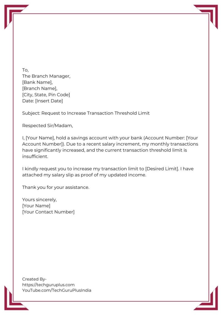 Application for Increasing Account Transaction Threshold Limit [5 Format]