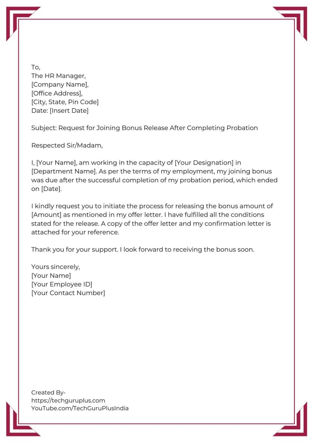 Application for Joining Bonus Release Request [5 Format]