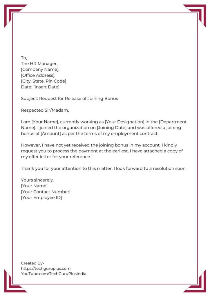 Application for Joining Bonus Release Request [5 Format]