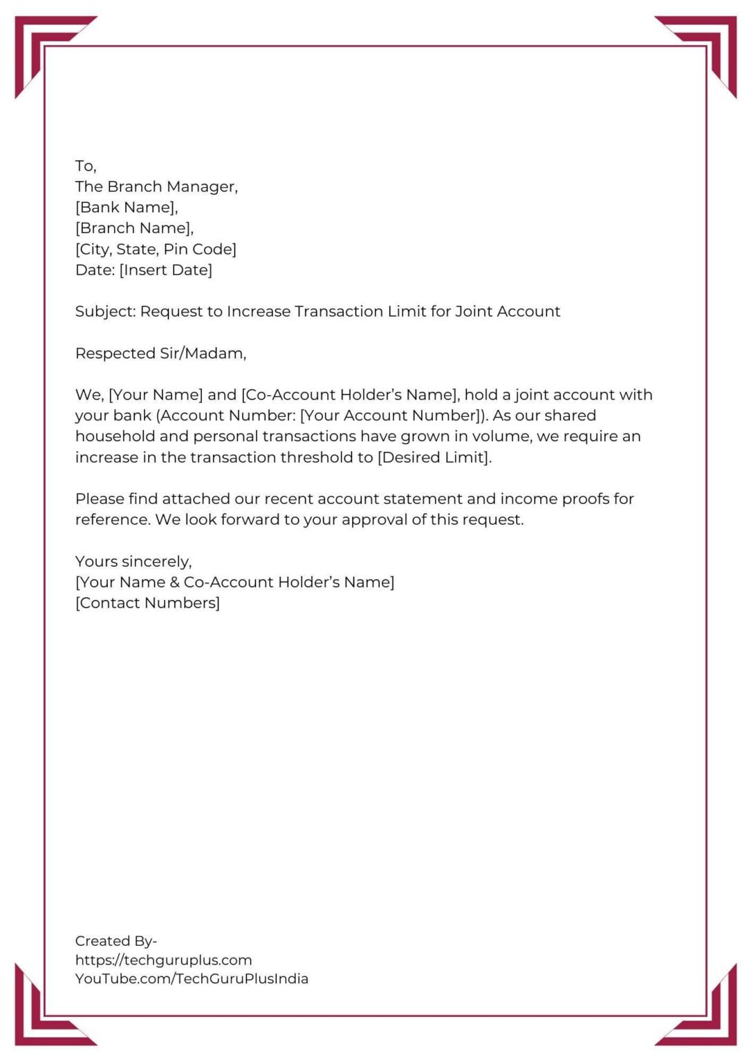 Application for Increasing Account Transaction Threshold Limit [5 Format]