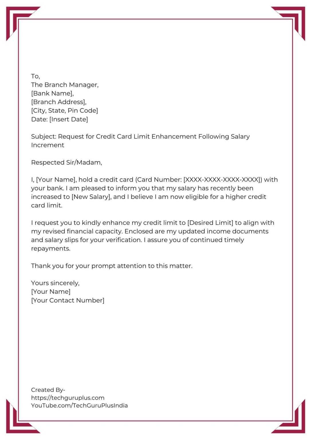 Application for Requesting a Credit Card Limit Increase [5 Format]