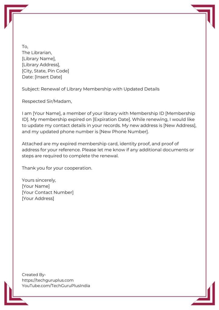 Application for Renewing Membership in Local Library [5 Format]