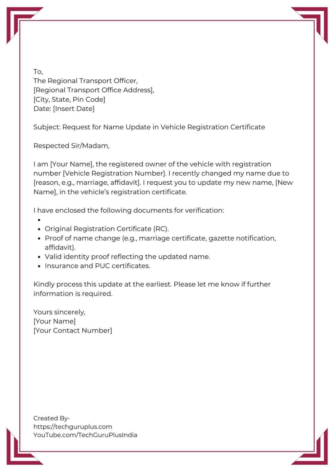 Application for Vehicle Registration Details Update [5 Format]