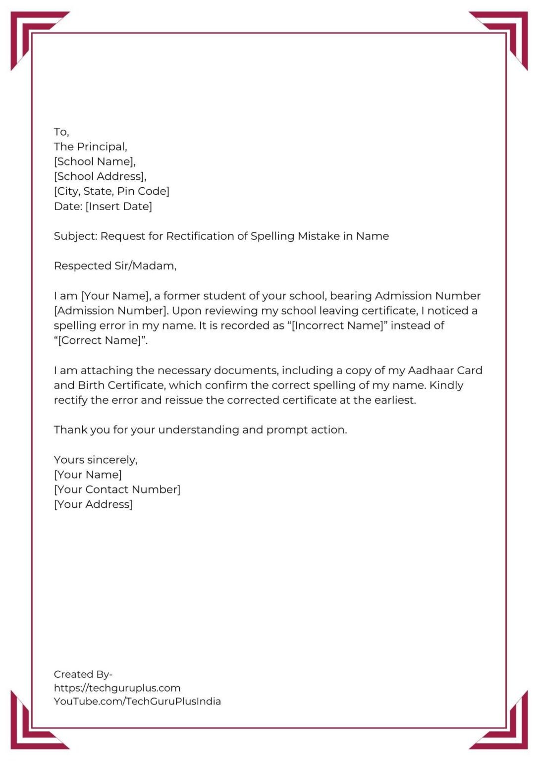 Application for Rectification of Name on School Leaving Certificate [5 ...