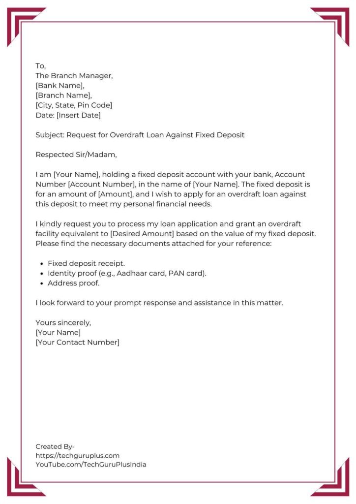 Application for Overdraft Loan Against Fixed Deposit [5 Format]