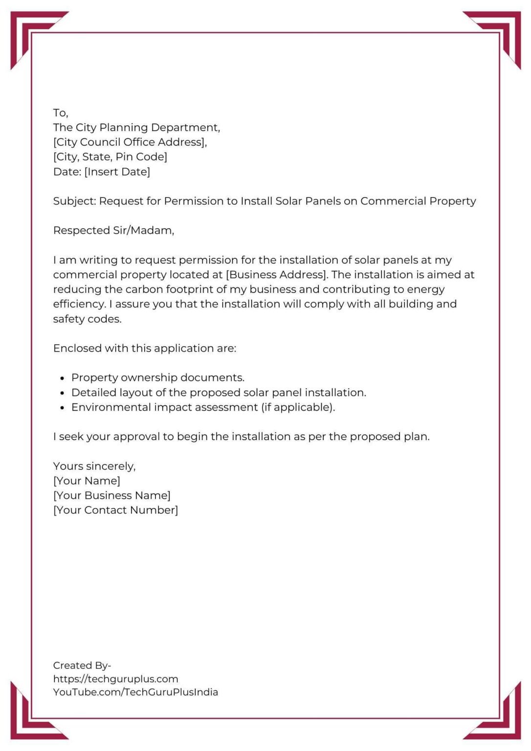 Application for Seeking Permission to Install Solar Panels [5 Format]