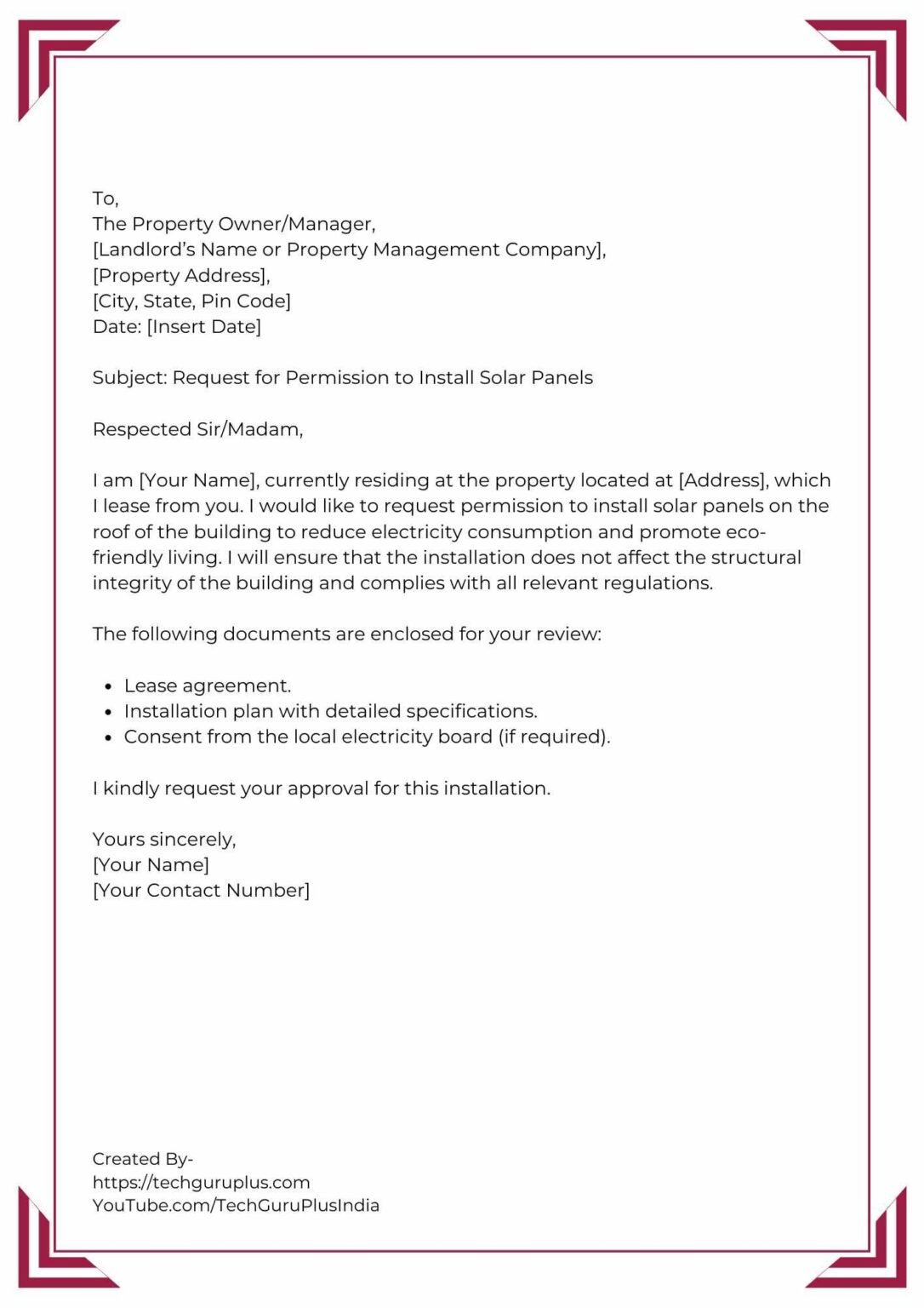Application for Seeking Permission to Install Solar Panels [5 Format]