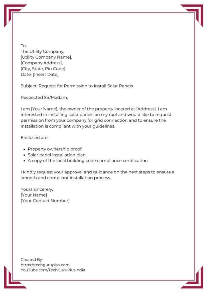 Application for Seeking Permission to Install Solar Panels [5 Format]
