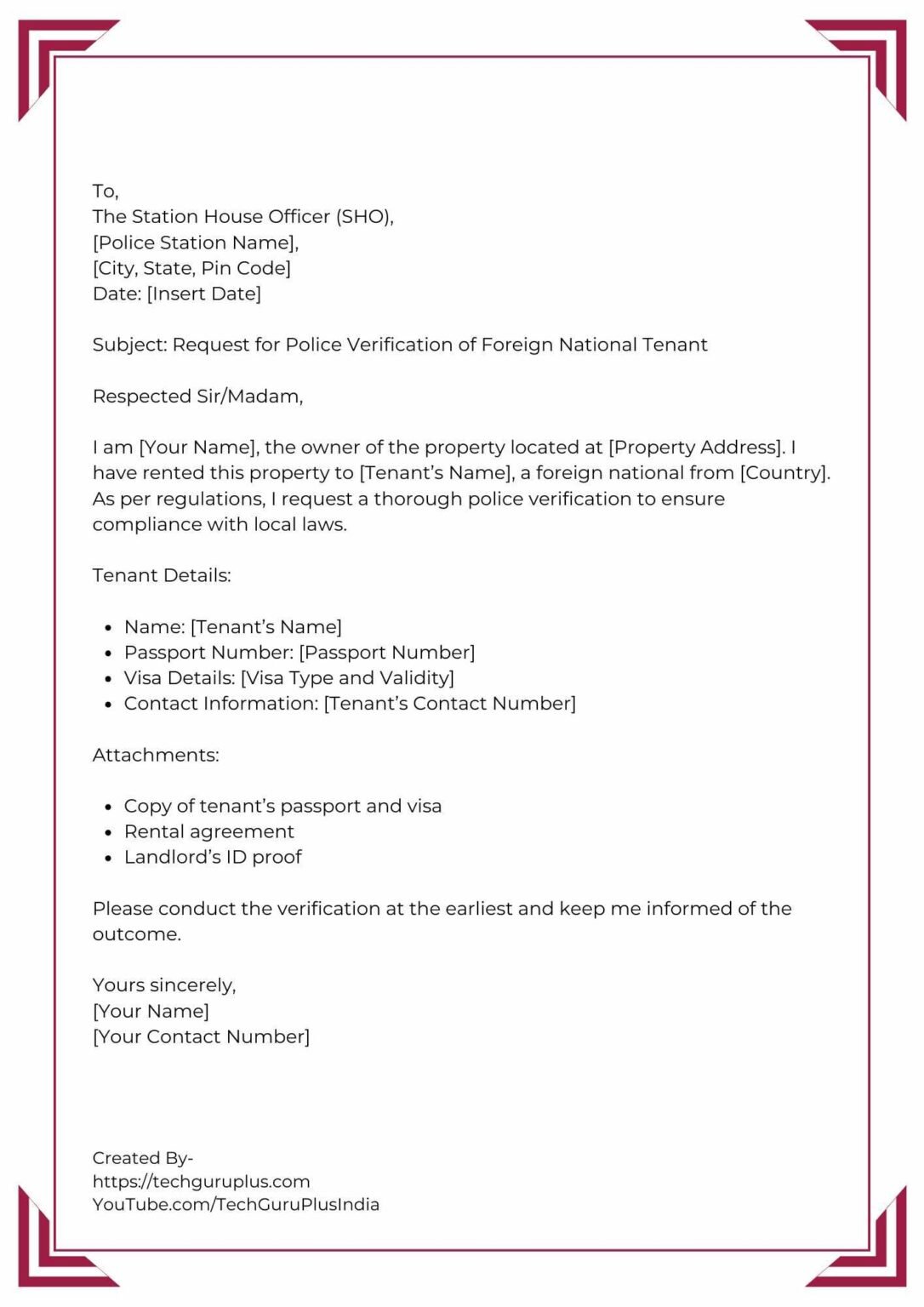 Application for Requesting Police Verification for Tenant [5 Format]