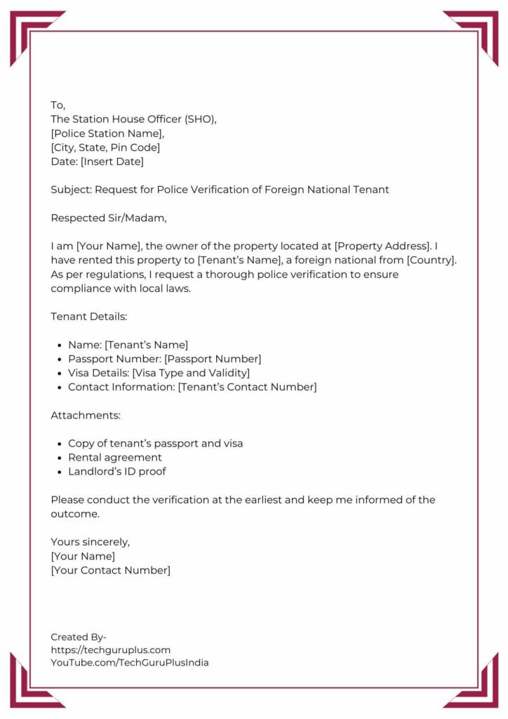 Application for Requesting Police Verification for Tenant [5 Format]
