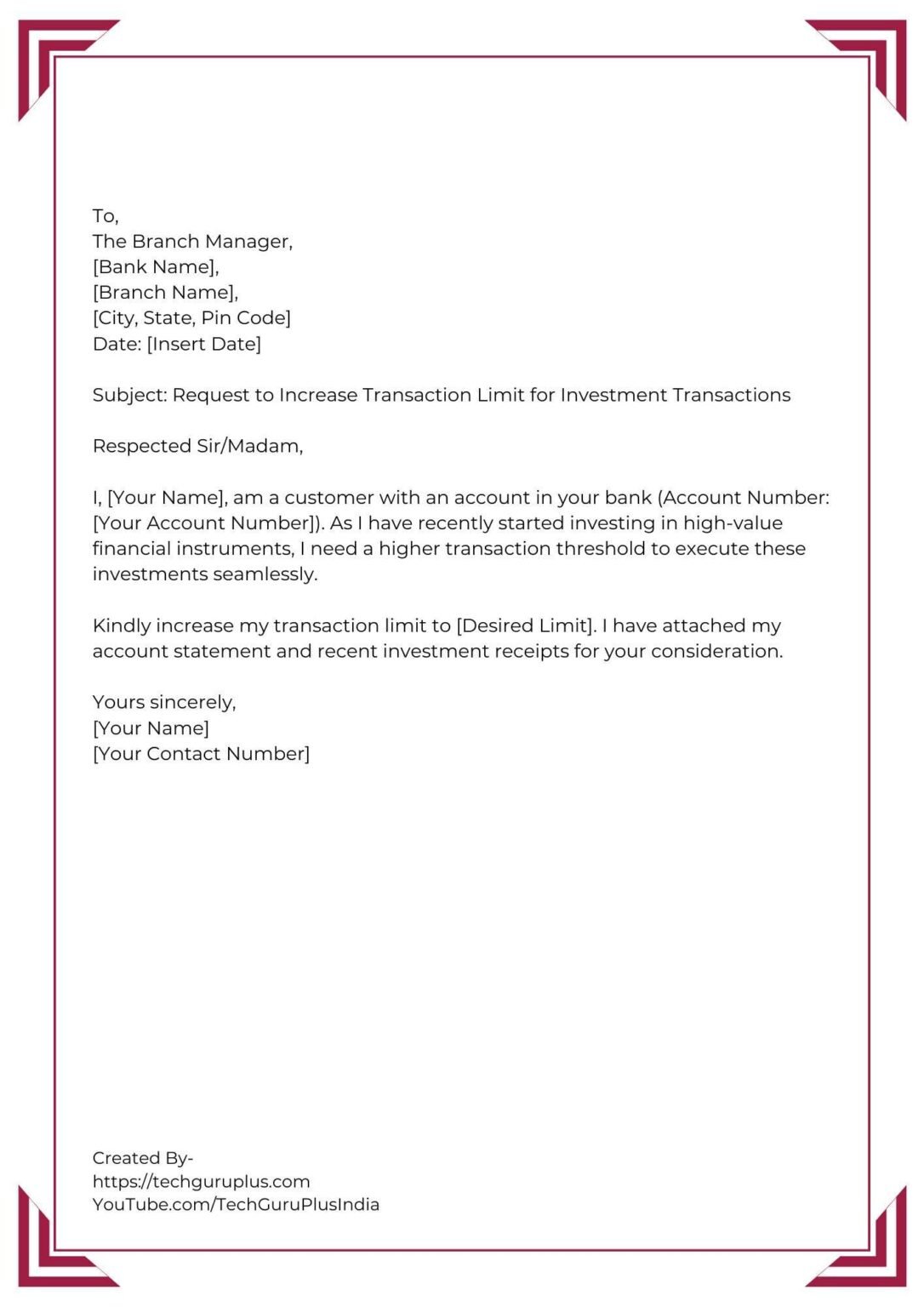 Application for Increasing Account Transaction Threshold Limit [5 Format]