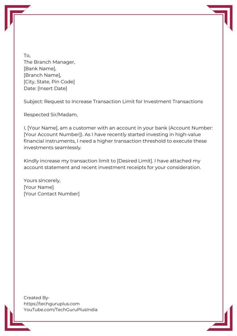 Application for Increasing Account Transaction Threshold Limit [5 Format]