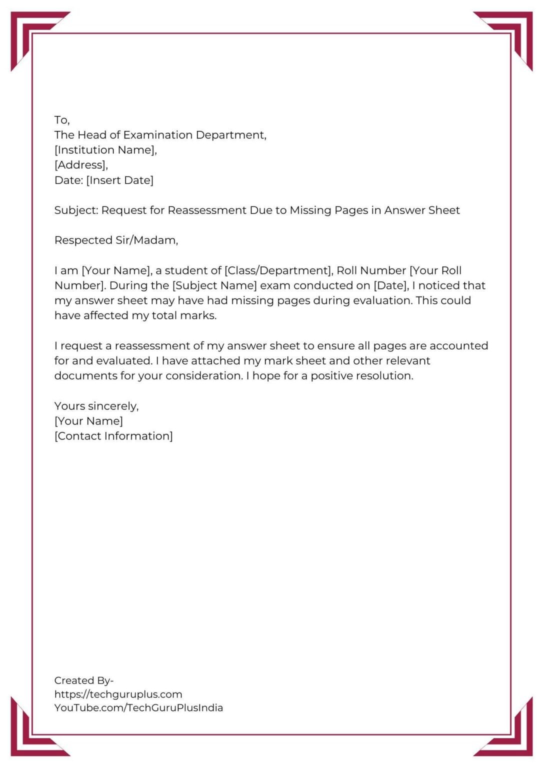 Application for Reassessment of Exam Papers [5 Format]