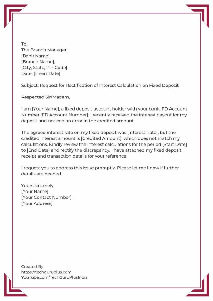 Application for Incorrect Interest Calculation Rectification [5 Format]