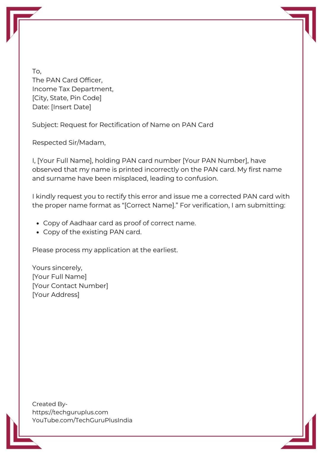 Application for Rectification of Name in PAN Card [5 Format]
