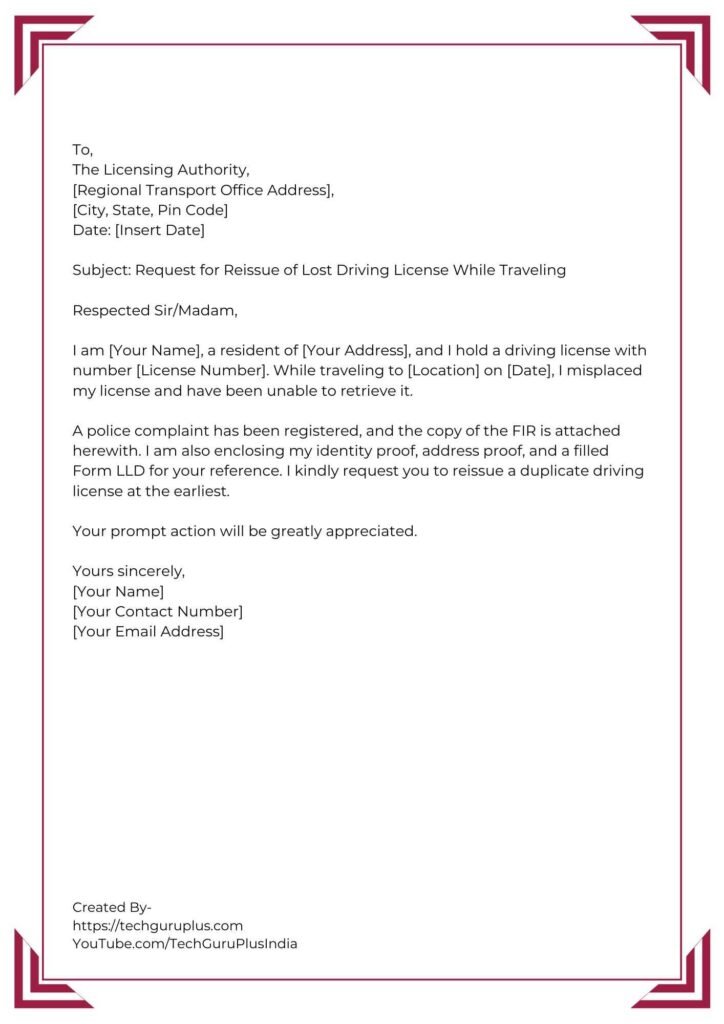Application for Reissue of Lost Driving License [5 Format]
