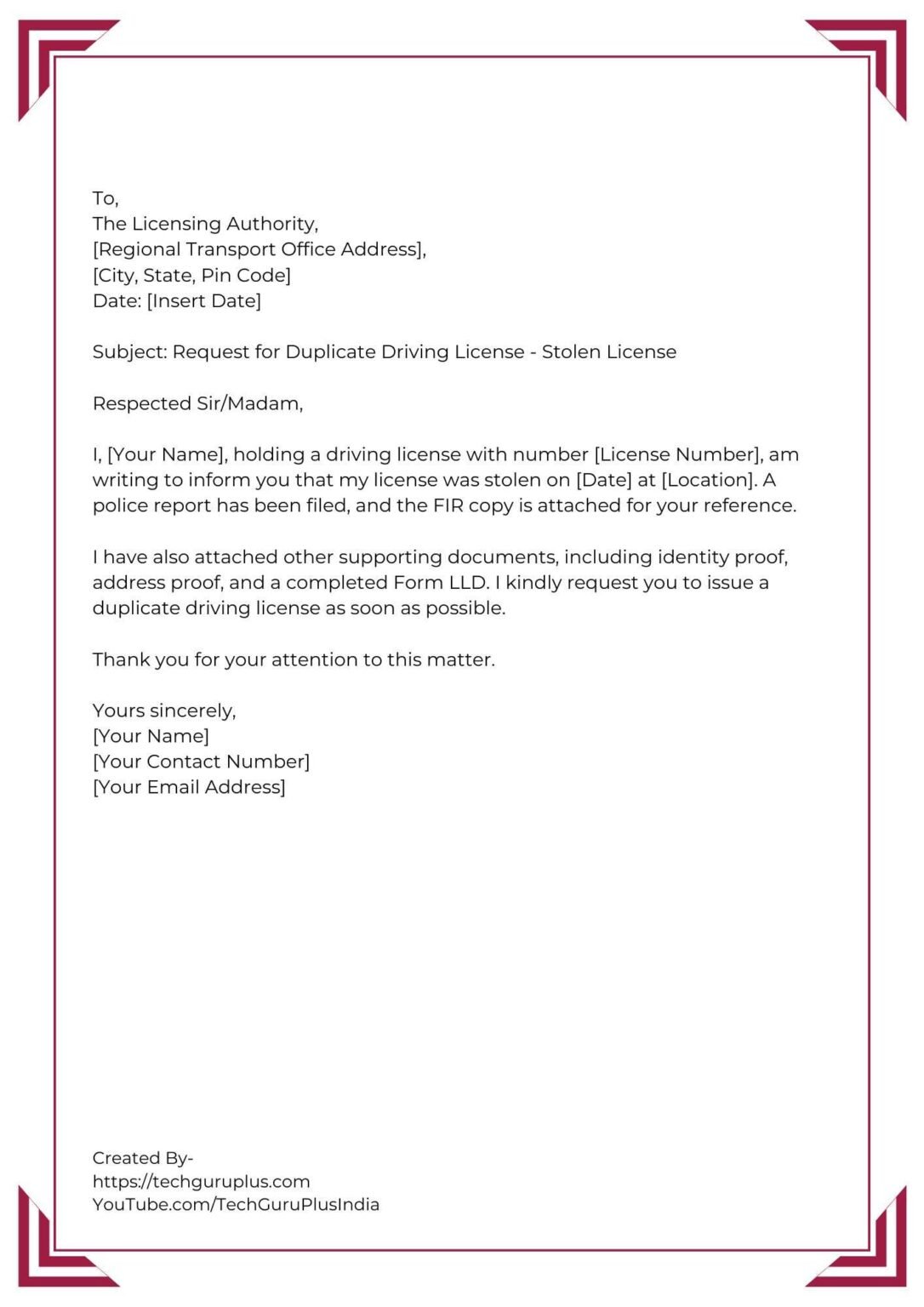 Application for Reissue of Lost Driving License [5 Format]