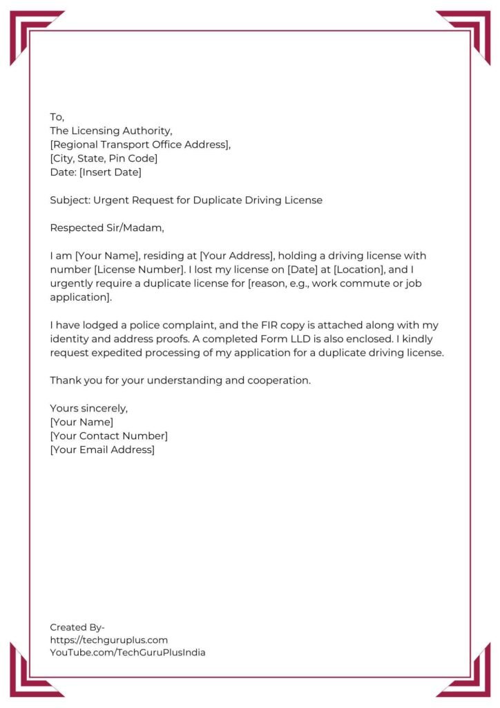 Application for Reissue of Lost Driving License [5 Format]