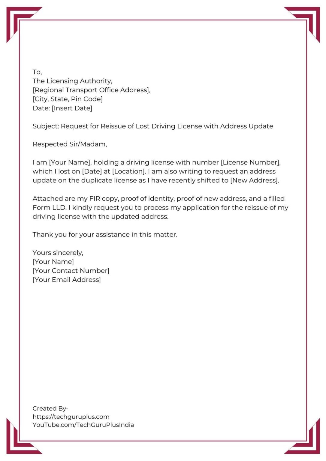 Application for Changing Class Section of School/College [5 Format]