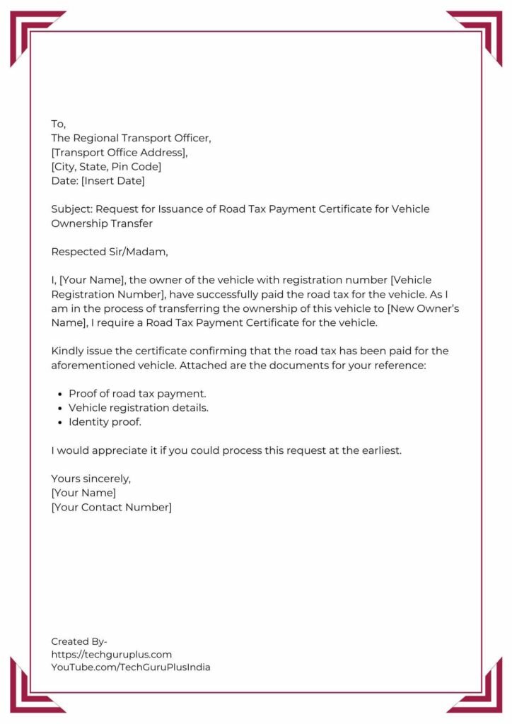 Application for Issuance of Road Tax Payment Certificate [5 Format]