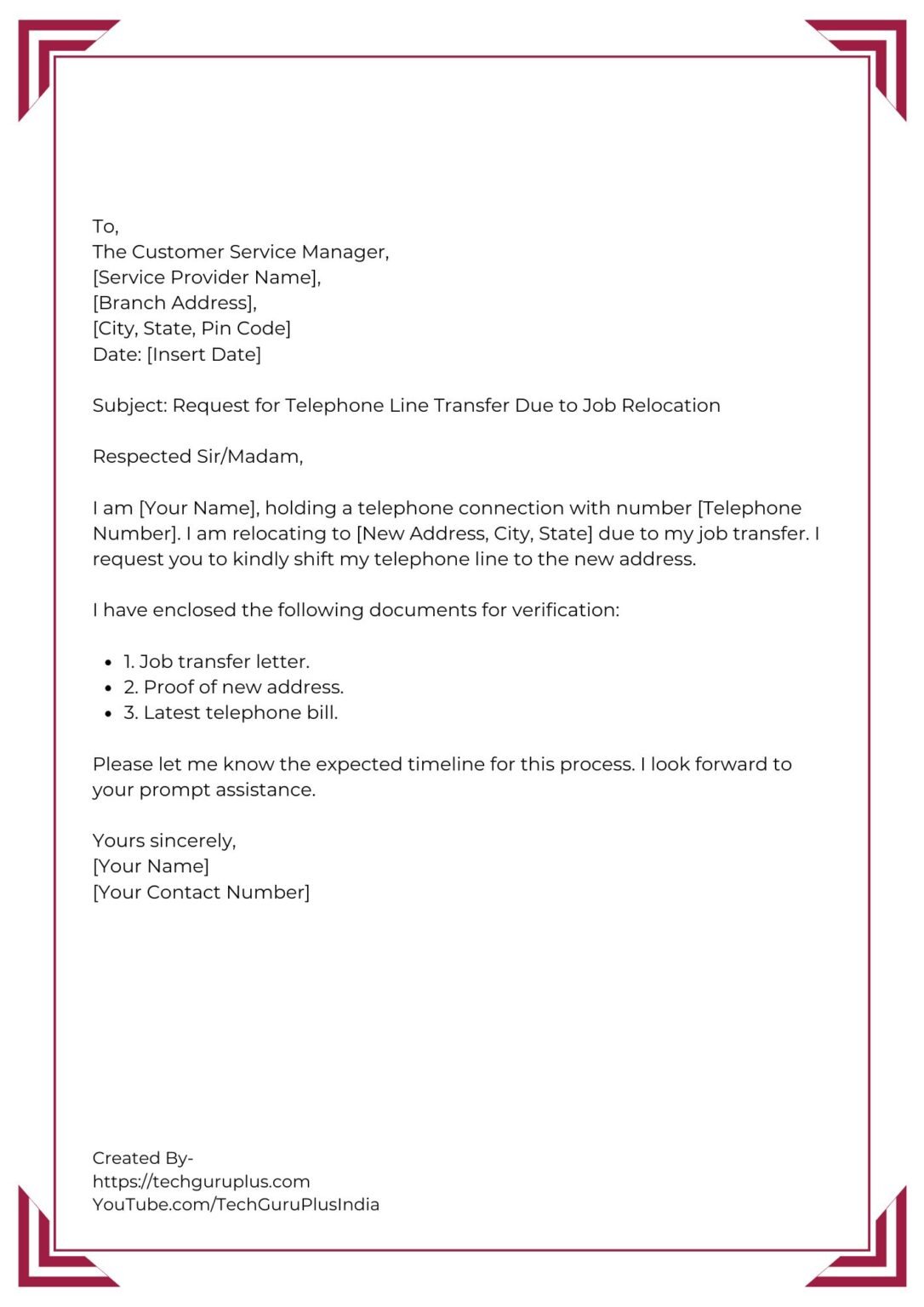 Application for Shifting of Telephone Line [5 Format]