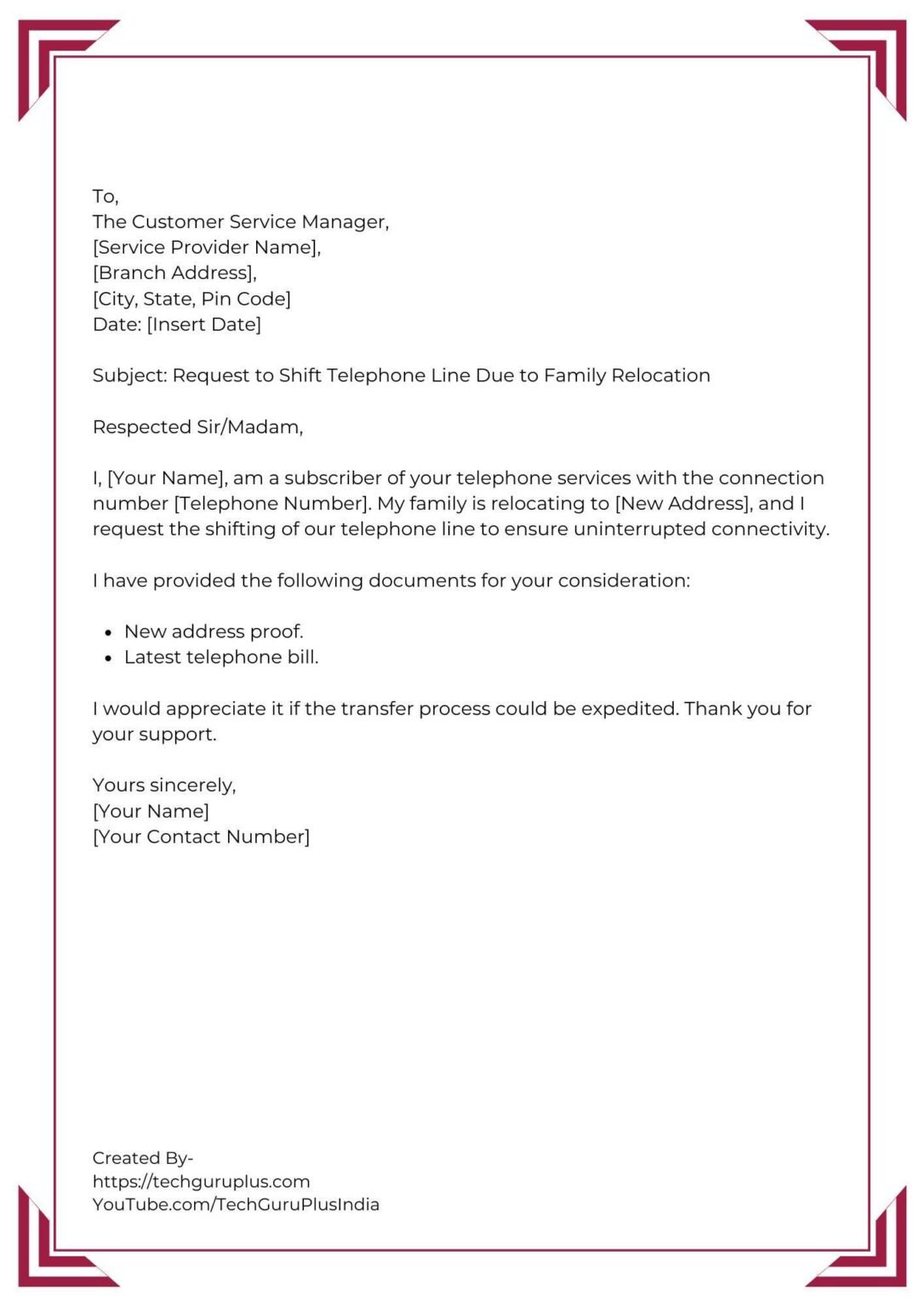 Application for Shifting of Telephone Line [5 Format]