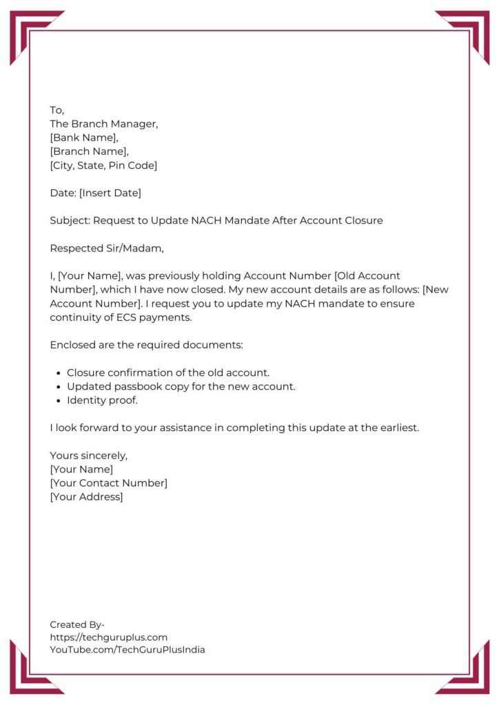 Application for Updating Account for NACH Mandate (ECS Payment) [5 Format]