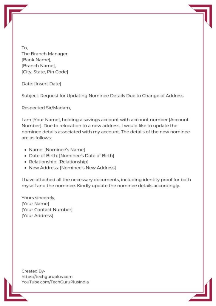 Application for Updating Nominee Details in a Savings Account [5 Format]
