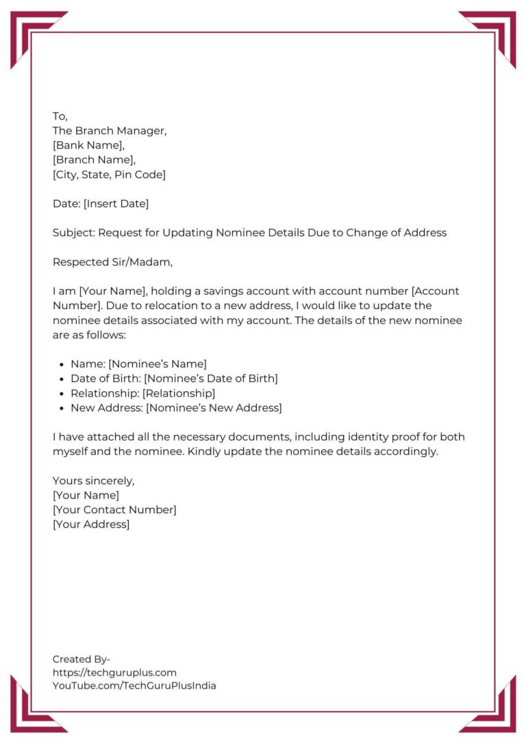 Application for Updating Nominee Details in a Savings Account [5 Format]