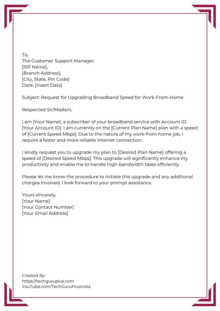 Application for Upgrading Broadband Internet Speed [5 Format]