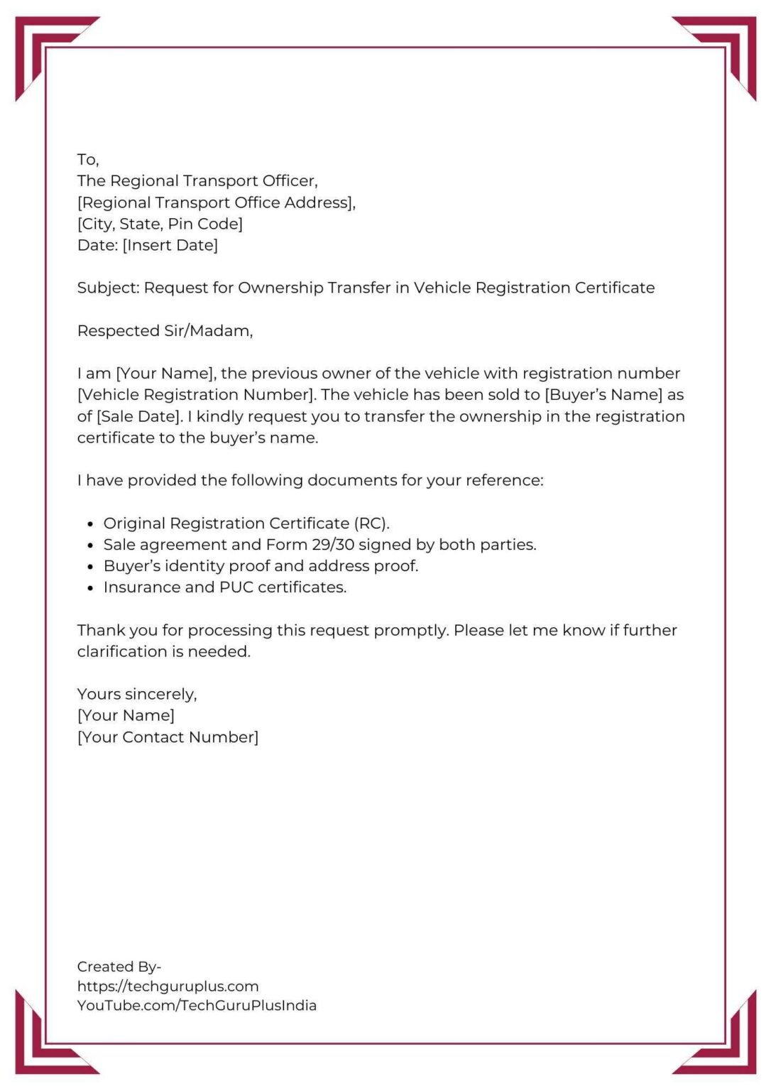 Application for Vehicle Registration Details Update [5 Format]