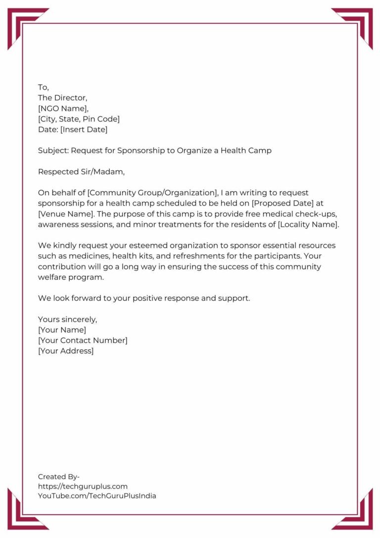 Application for Organizing a Health Camp in the Locality [5 Format]