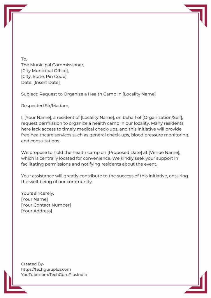 Application for Organizing a Health Camp in the Locality [5 Format]