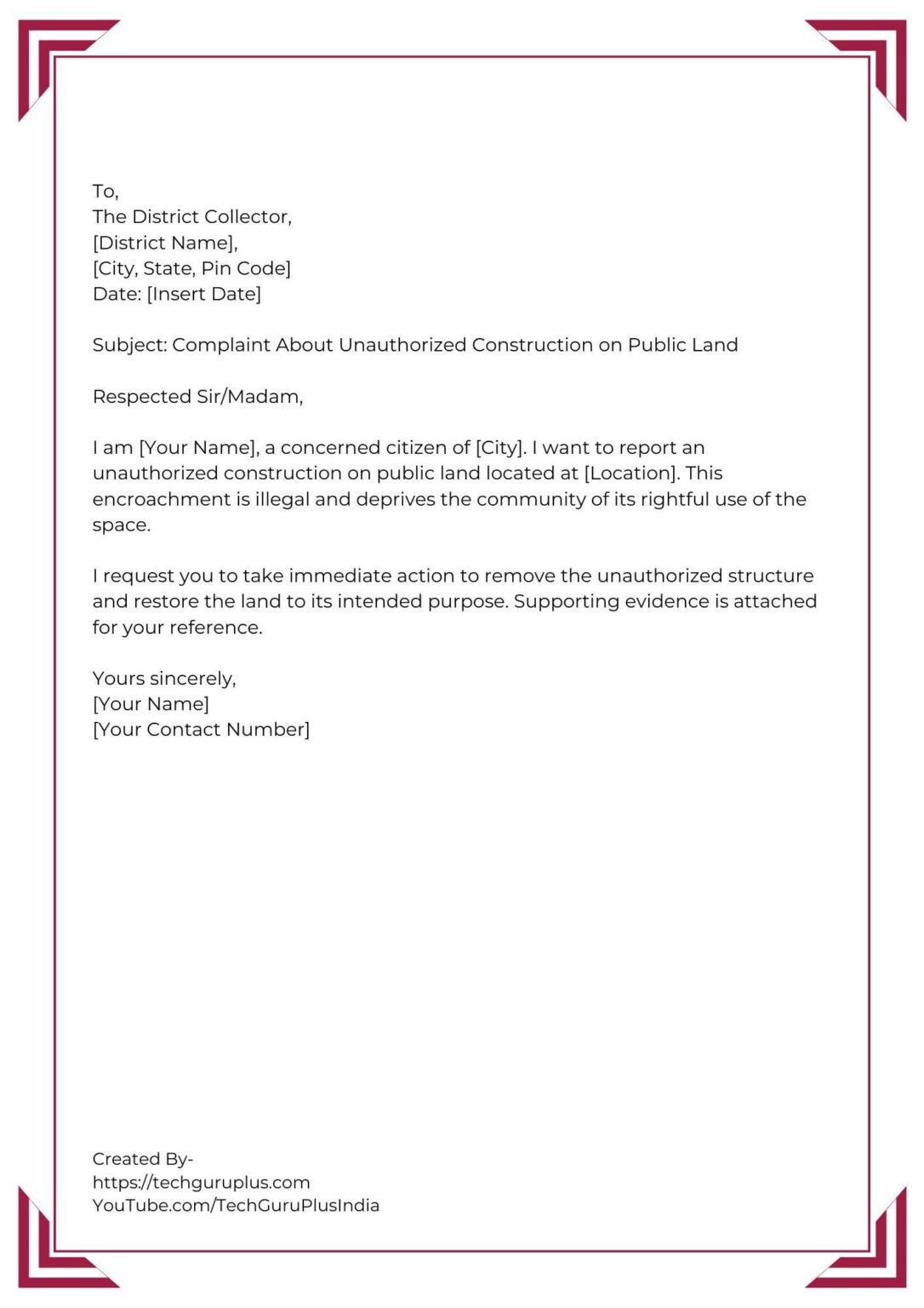 Application for Complaint Against Unauthorized Construction [5 Formats]