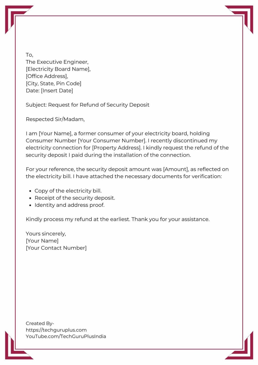 Application for Refund of Security Deposit for Electricity Connection ...