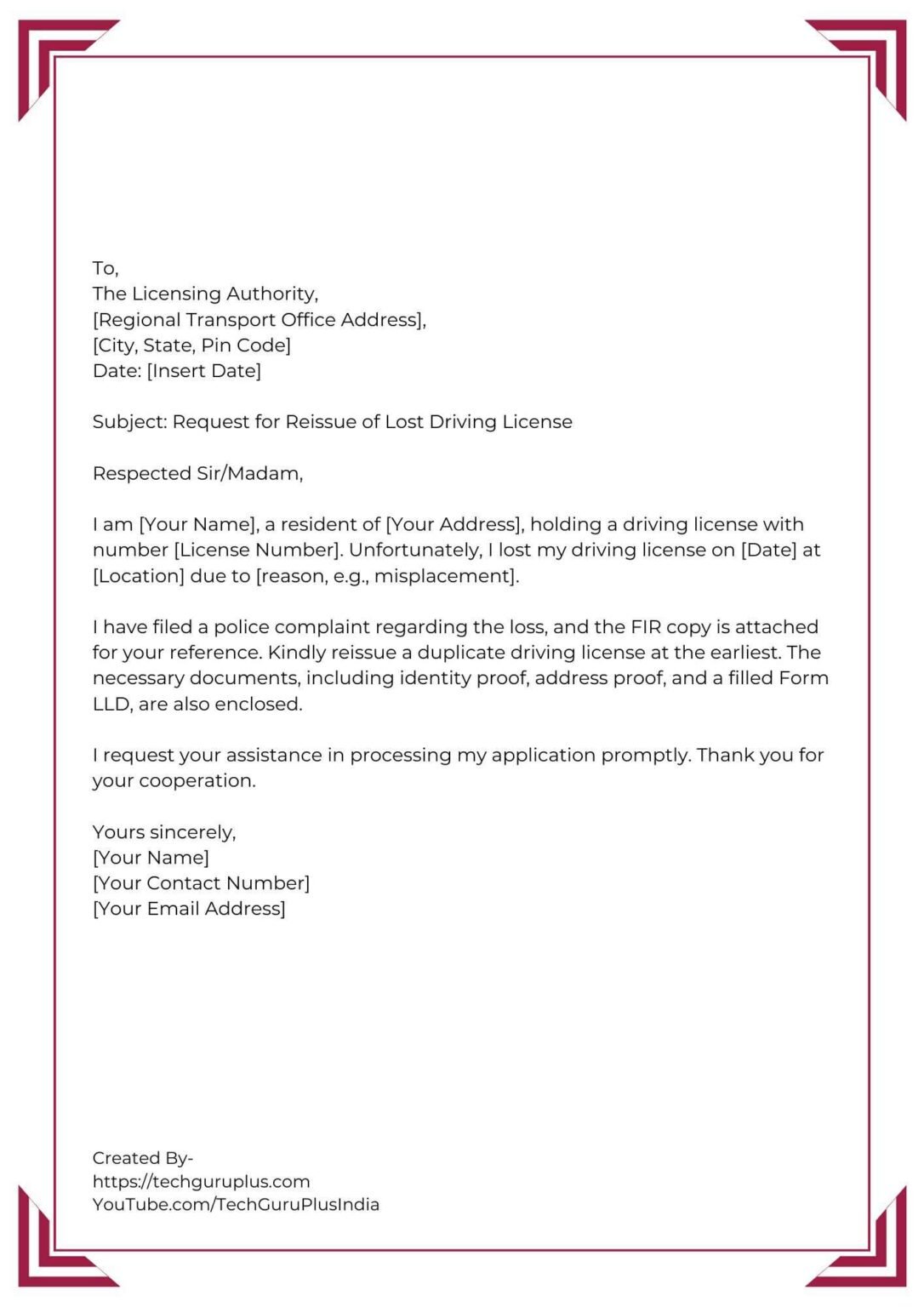Application for Reissue of Lost Driving License [5 Format]