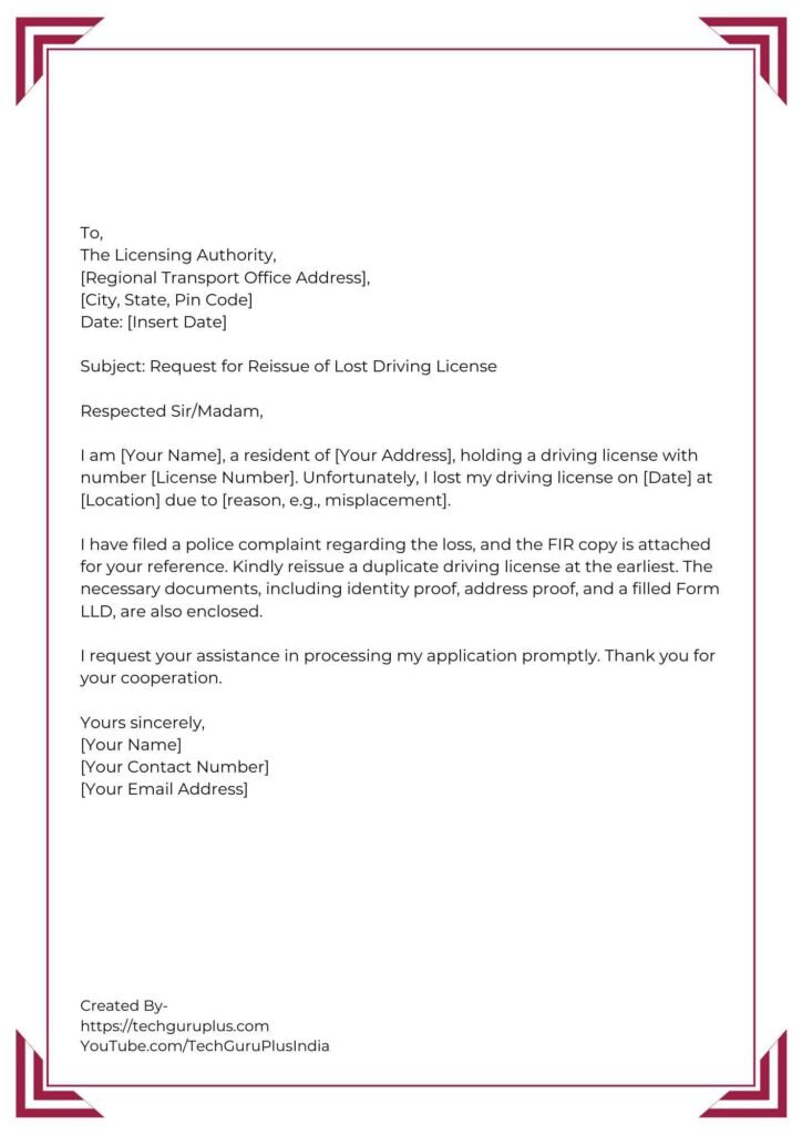 Application for Reissue of Lost Driving License [5 Format]