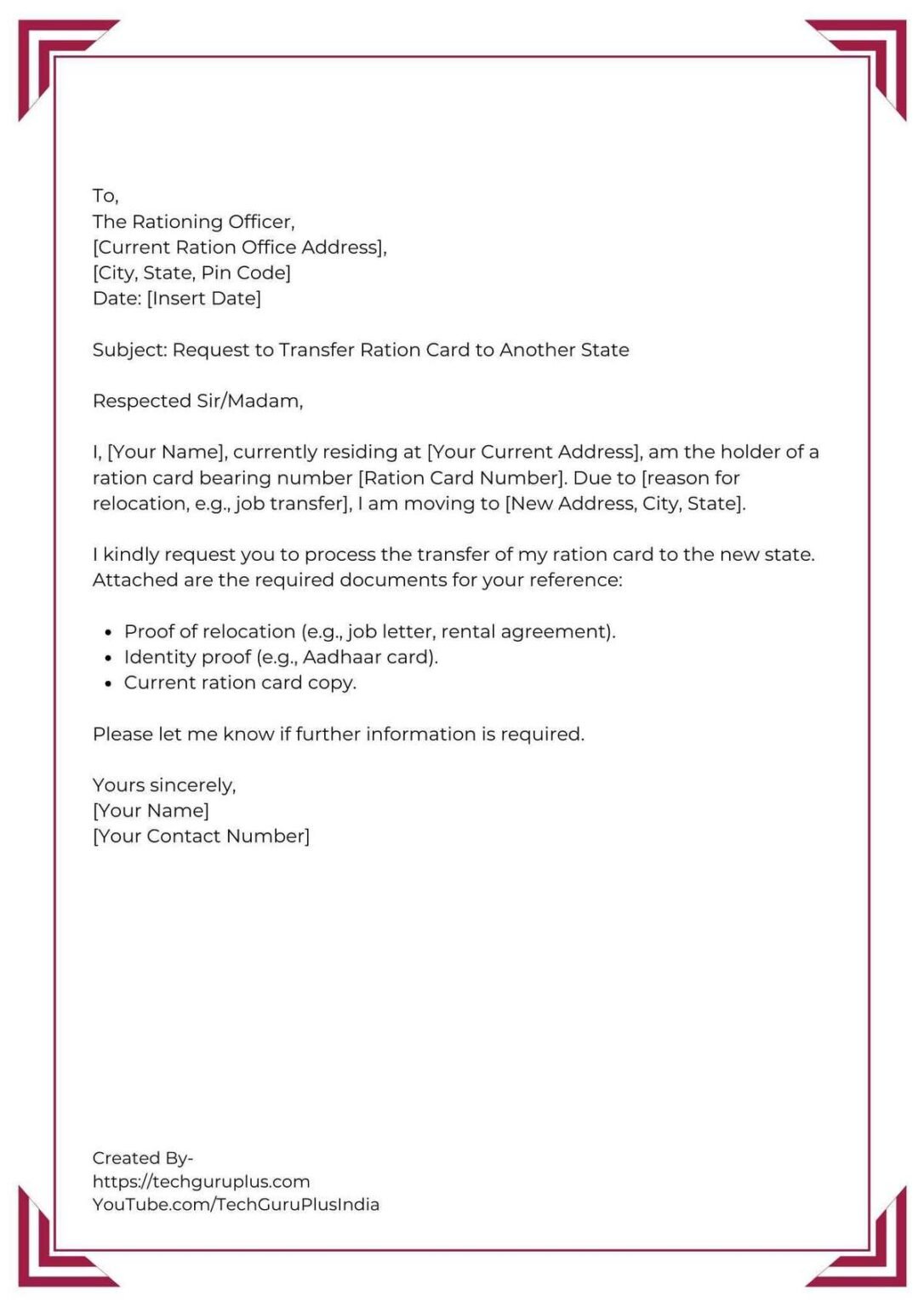 Application for Shifting Ration Card to Another State [5 Formats]